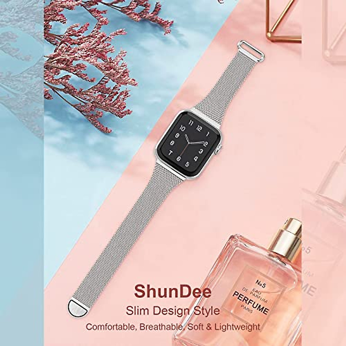 Slim Metal Band Compatible with Apple Watch Bands 40mm 44mm 41mm 45mm 38mm 42mm Women,Thin Narrow Stainless Steel Mesh Milanese Loop Magnetic Replacement Strap for iWatch SE Series 8 7 6 5 4 3 2 1