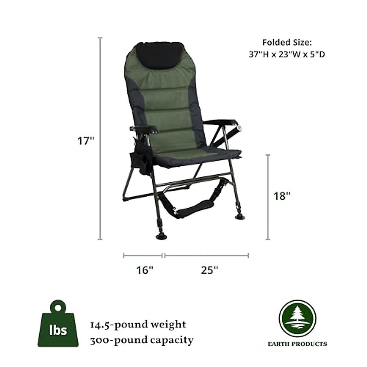 Earth Executive Folding Fishing Chair, Ultimate Comfort with Reclining Feature, Sleek Design, and Adjustable Extending Legs, Ideal for Fishing, Camping, Picnics, Sporting Events, and Tailgates