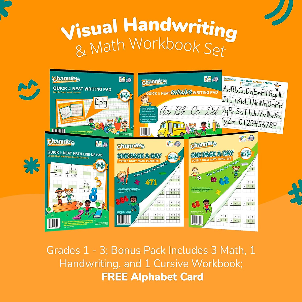 Best value Channie’s Visual Math, Handwriting, and Cursive Bonus Pack of 5 Separate Workbooks, Grades 1st – 3rd, Size 8.5” x 11” With FREE Alphabet Card