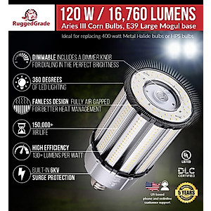 120 Watt LED Corn Bulb - Aries III Series - 16,400 Lumens - 5000K - E39 Large Mogul Base - Built-in 6KV Surge - Dimmable - DLC 5.1