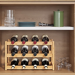 BAMEOS Bamboo Wine Rack, 3 Tier Natural Wine Rack Freestanding Floor Display Storage Shelf countertop Wine Holder for Kitchen, Bar, Pantry, Wine Cellar, Basement,Study，Maroon (16.85 L x 9.25W x 12H)