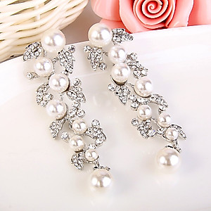 EVER FAITH Women's Austrian Crystal White Simulated Pearl Bridal Leaf Dangle Earrings Clear Silver-Tone