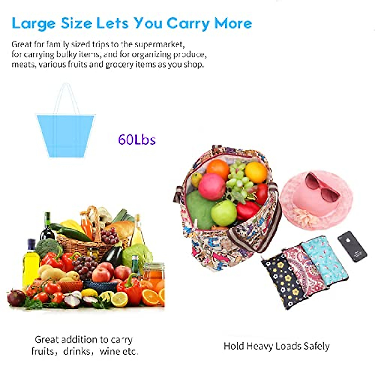 Reusable Grocery Shopping Bags Set of 2 Recycling Shopping Totes with Long Handles Foldable Washable Heavy Duty Large Waterproof Shopper Baggies With Zipper Large Daily Use Bags For Working Traveling…