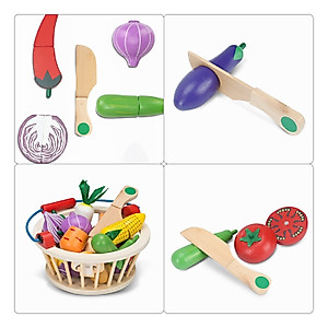 Victostar Magnetic Wooden Cutting Fruits Vegetables Food Play Toy Set with Basket for Kids