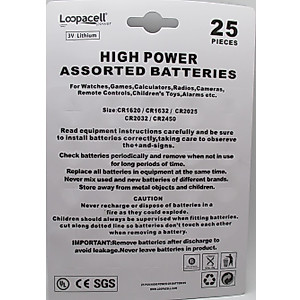 Loopacell High Power Button Cell 3V Lithium Assorted Battery CR2032 CR2025 CR2450 CR1620 CR1632, 25 Piece Set