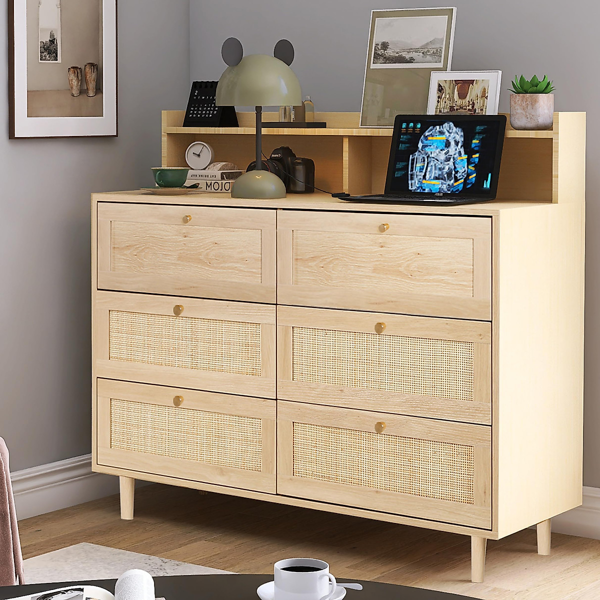 FUQARHY Rattan Dresser for Bedroom with Shelves, Modern 6 Drawer Double Dresser with Charging Station, Wood Chest of Drawers for Bedroom, Living Room, Hallway (Natural)