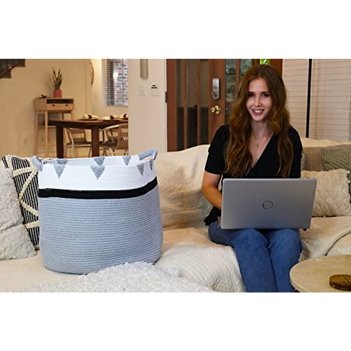 The Modish Store 18" X 18" X 15" Extra Large Premium Cotton Rope Basket Gray White Woven Basket for Blankets Toys Storage Basket with Handles Great for Comforter Cushions Storage Bins