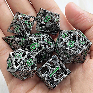 DND Dice Set Dungeons and Dragons Metal D&D Dice Polyhedral Dice Set RPG MTG Pathfinder Shadowrun Roleplaying Dice Games Gifts Accessories D N D Hollow Dice D20 D12 D10 D8 D6 D4, Black Nickel Green