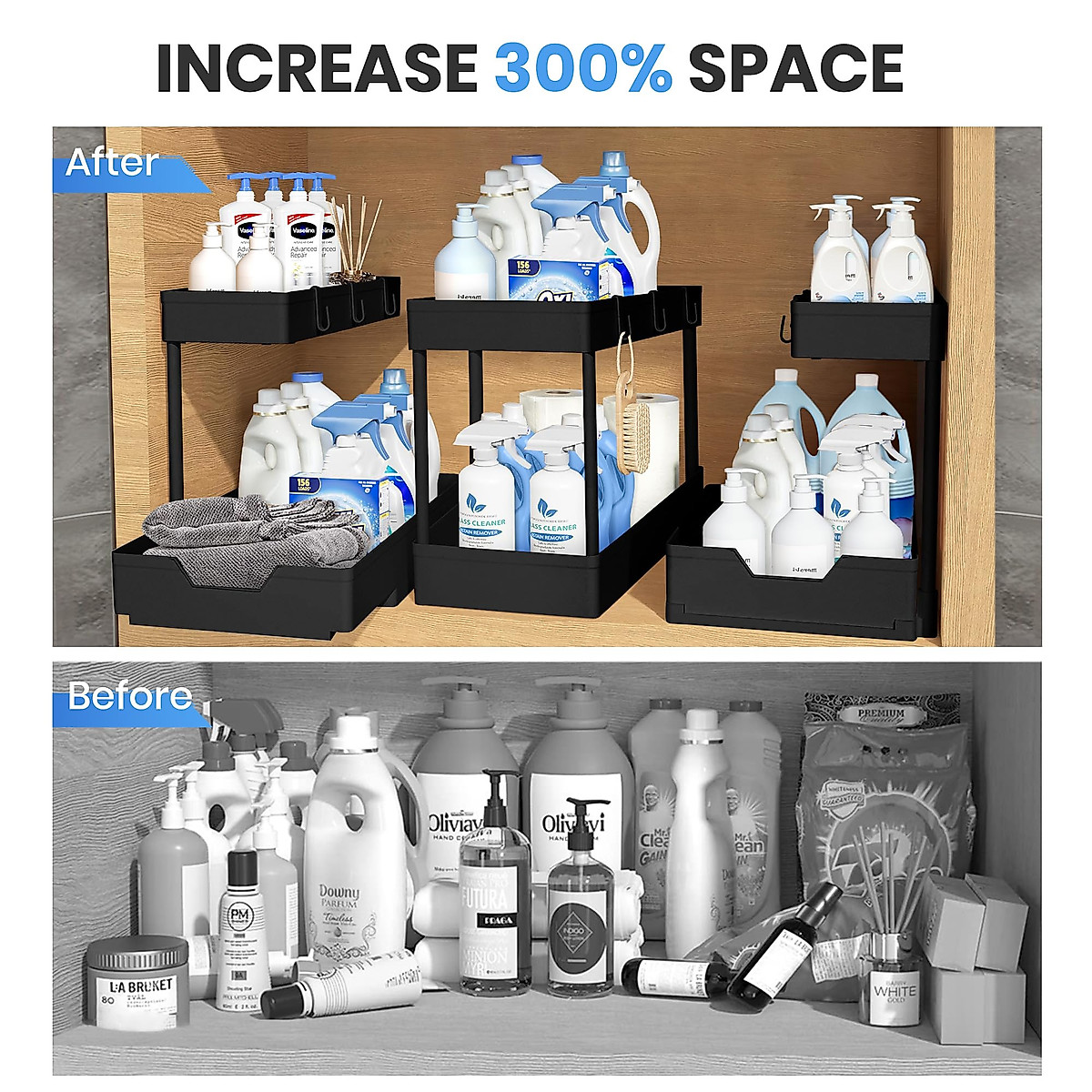 Under Sink Organizers and Storage, 3 Pack of 2-Tier Multi-Use Cabinet Organizers with Sliding Drawers, Hooks and Hanging Cups, Under Sink Organizers for Kitchen and Bathroom Home Organization(Black)