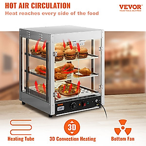 VEVOR 3-Tier Food Display Warmer, 800W, with Multidirectional Heating, Tri-Color Illumination & Bottom Fan. Features Temperature Control, 0.6L Water Tray for Humidity, Durable Stainless Steel & Gla