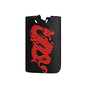 YYZZH Red Chinese Dragon On Black Large Laundry Bag Basket Shopping Bag Collapsible Polyester Laundry Hamper Foldable Clothes Bag Folding Washing Bin