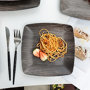 Melamine 12pcs Classic Square Dinnerware Set, Concise Plates and Bowls Set, Service for 4, Dishwasher Safe (Dark-Wood)