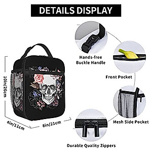 PATNPRT Halloween Black Sugar Skull Insulated Lunch Box Reusable Lunch Bag with Side Pocket for Men Office Work Picnic Travel