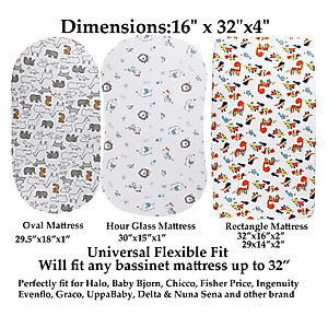 Jersey Cotton Bassinet Sheet Set 3 Pack Fitted Cradle Sheets, Ultra Soft Stretch 190 GSM, for Baby Boy, Universal Fit Rectangle Oval Hourglass Bassinet Mattress, Dinosaur Elephant Koala