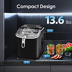 FREE VILLAGE Countertop Ice Maker, Portable Ice Maker w/Handle, 6 Mins 9 Pcs Ice, 26 lbs Ice/24Hrs, Self-Cleaning, w/Ice Bags, Scoop & Basket, Ice Machine for Home/Kitchen/Office/Party, Black