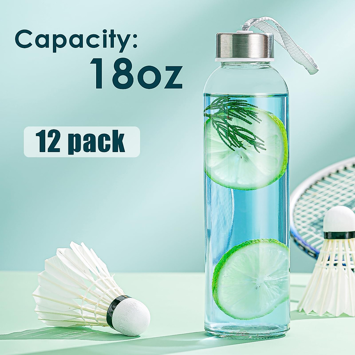 wookgreat Glass Water Bottles, 12 pcs 18 oz Glass Bottles, Reusable Sports Water Bottle with Stainless Steel Lids and Carrying Straps, BPA Free, Leak-proof Water Bottles for Travel, Gym, Office
