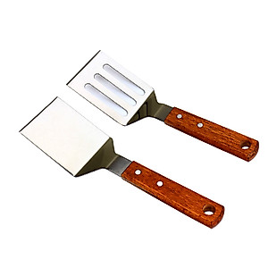 KLAQQED 2 PCS Metal Spatula for Cast Iron Skillet, Stainless Steel Grill Spatula Slotted Spatula Turner Fish Spatula with Wood Handle, Flat Top Grill Spatula, Griddle Metal Spatulas for Cooking BBQ