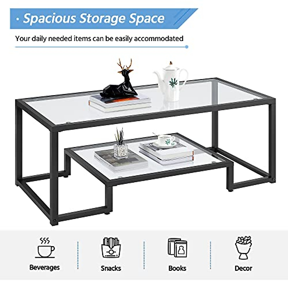 Yaheetech Coffee Table, Tempered Glass Coffee Table, Modern Simple Center Table w/Geometric-Inspired Design & Metal-Frame & Easy Assembly & Open Storage Shelf for Living Room, Office, Black