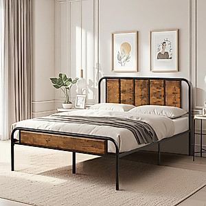 VECELO Queen Platform Bed Frame with Wood Headboard,Sturdy Steel Slats Support/Matress Foudation/No Box Spring Needed(Brown)