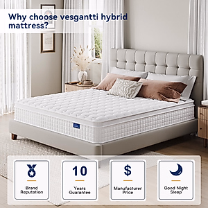 Vesgantti 10 Inch Twin XL Multilayer Hybrid Mattress - Multiple Sizes & Styles Available, Ergonomic Design with Memory Foam and Pocket Spring, Medium Firm Feel, White