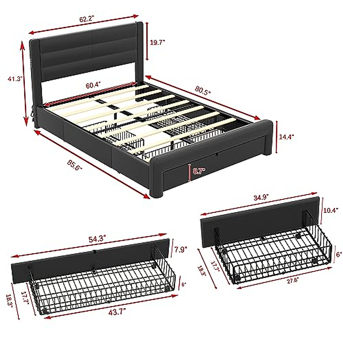 Upholstered Queen Size Platform Bed Frame with 3 Storage Drawers and Headboard, PU Leather Queen Storage Bed with USB Charging Station and Wooden Slats Support, Noise Free, Black
