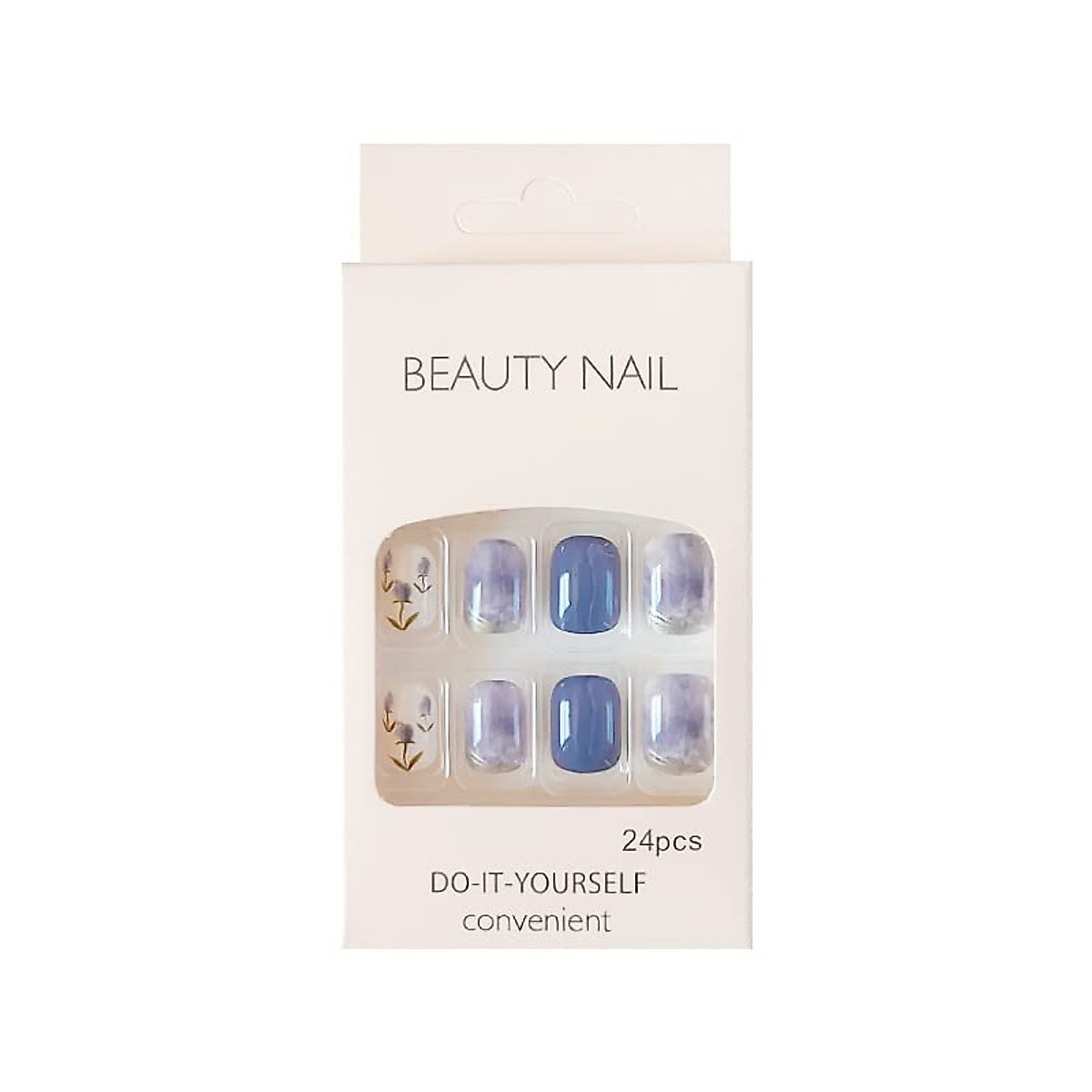 Diduikalor 24PCS Smudged Nude and French Purple Blooms Square Press on Nails Short, Coffin Medium Length Fake Nails, Reusable with Glue Acrylic False Nails for Women