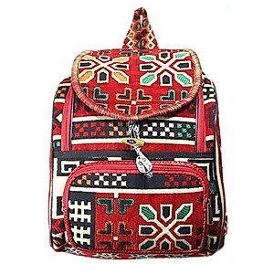 Aysesa Turkish Rug Backpack Multi Pocket Handmade Stylish Designer Daypack Ethnic Handwoven Carpet Bag for Travellers Boho Hippie Bag (Red, Rug)