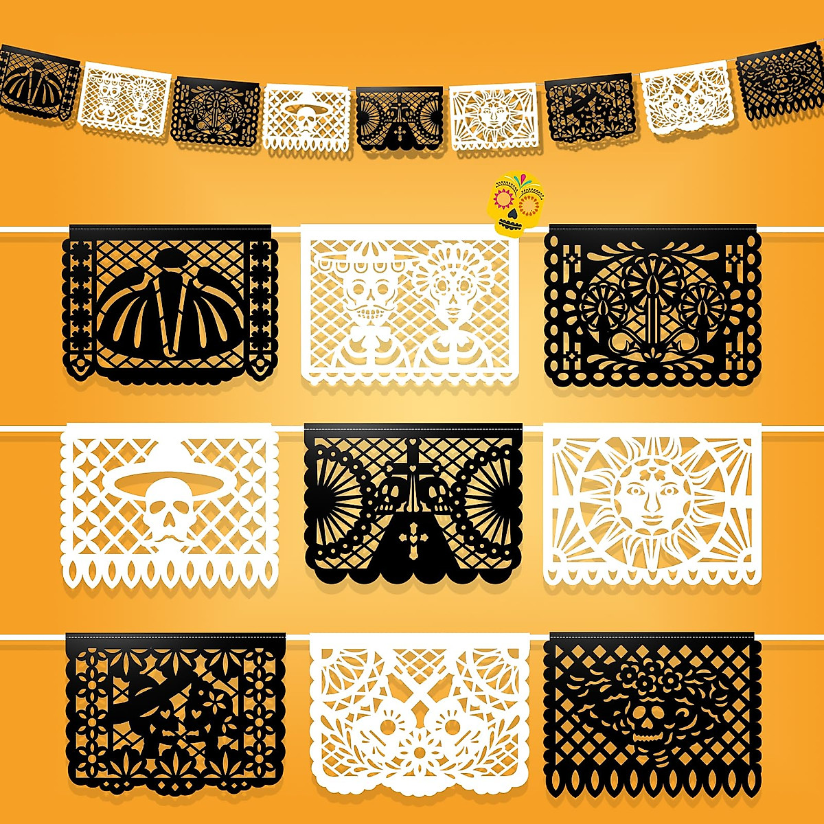 HOWAF 2 Pcs Plastic Papel Picado Day of The Dead Skull Bunting Banner Mexican Fiesta Banners Halloween Dia De Los Muertos Black White Skull Bunting Banner for Cinco De Mayo Decorations