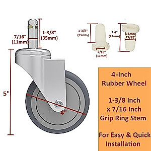 RILIDRI 4-Inch Swivel Stem Caster, 7/16-Inch Stem Diameter Rubber Wheel, Heavy Duty TPR Replacement Wheels for Rubbermaid Mop Bucket Cart Grill Casters - 4 Pack (2 Brakes 2 Swivel)