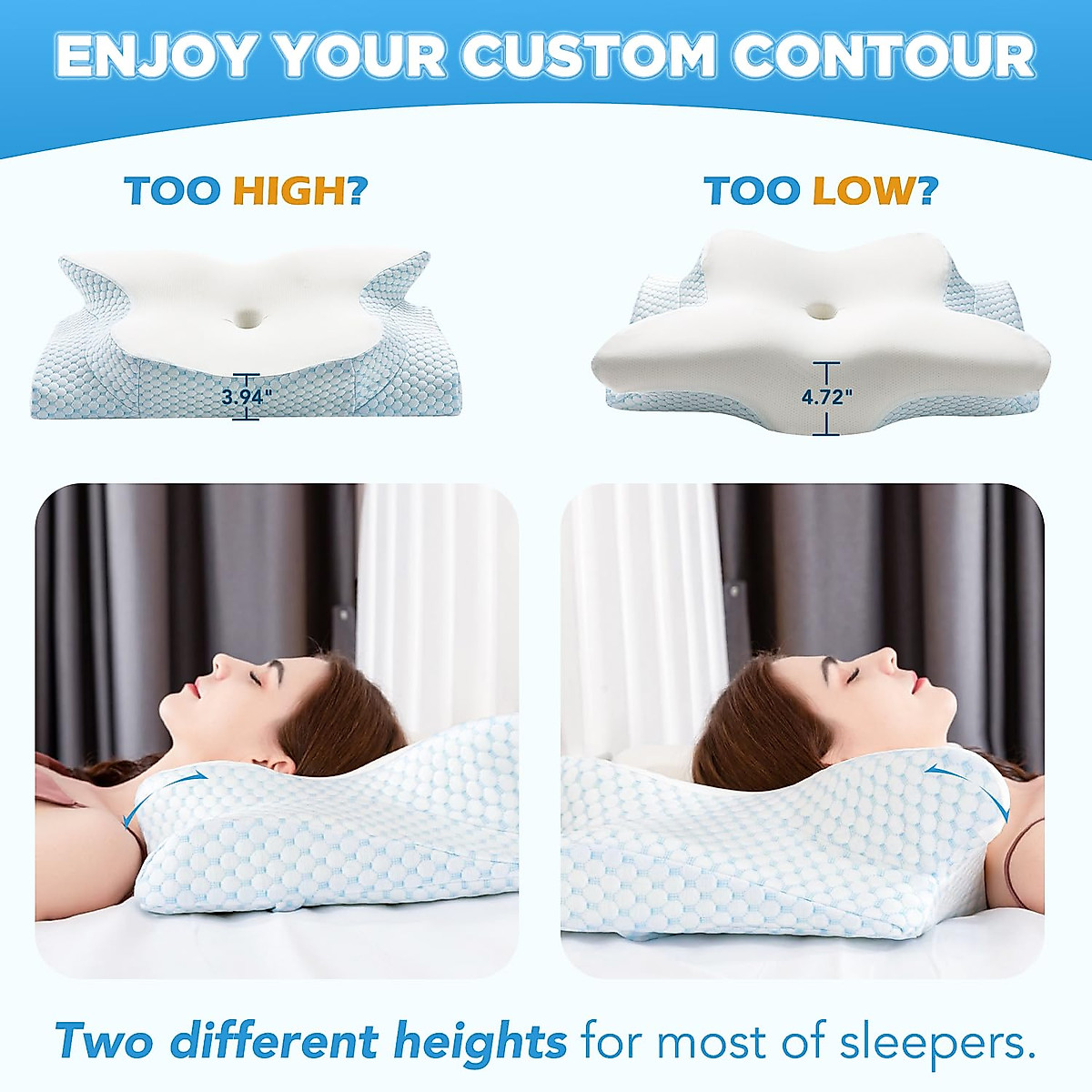 Cool Cervical Neck Pillow for Pain Relief, Ergonomic Contour Side Sleeper Pillow for Adults, Orthopedic Memory Foam Back Stomach Sleepers, 2 in 1 Stomach Sleeping Blue