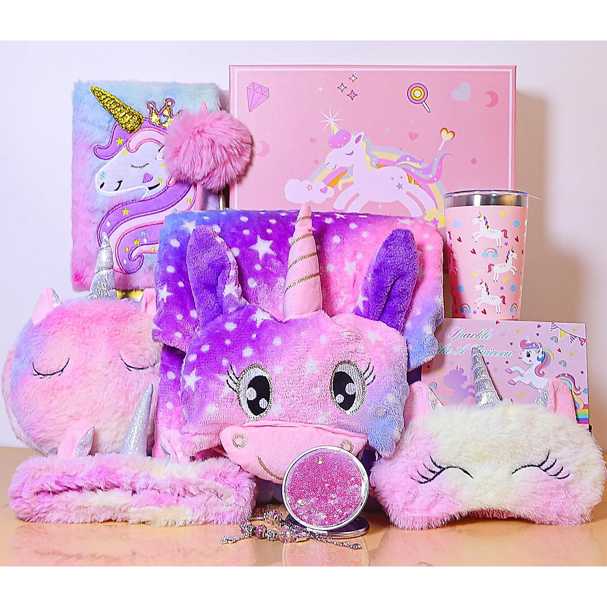 Unicorn Gifts for Girls Age 6-8, Christmas Birthday Gift Box for 6 7 8 9 10 Years Old Girl, 8PCs Unicorn-Themed Gift Basket with Tumbler, Diary with Lock, Mirror, Bracelet, Eye Mask,Headband,etc
