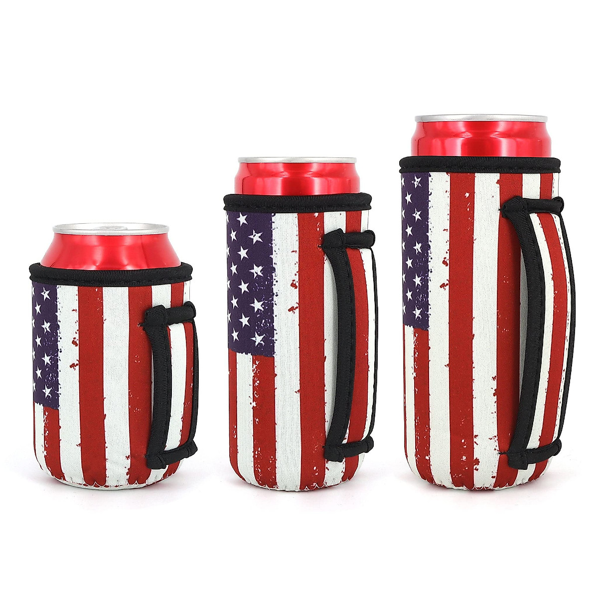 3 Pack Reusable Neoprene Insulated Can Sleeve with Handle for Soda, Energy drink, Pop, Beer, Hard Seltzer, Can Coosies For 12oz & 16oz Can, 12oz Slim can (American Flag(3Pack))