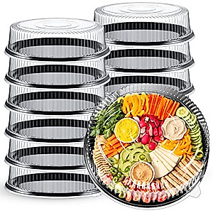 12 Pieces Serving Trays with Lid 18 Inch Plastic Party Platters with Lids Heavy Duty Black Round Food Tray Large Stackable Plastic Catering Trays for Serving Appetizers Veggie Takeout Food Picnic