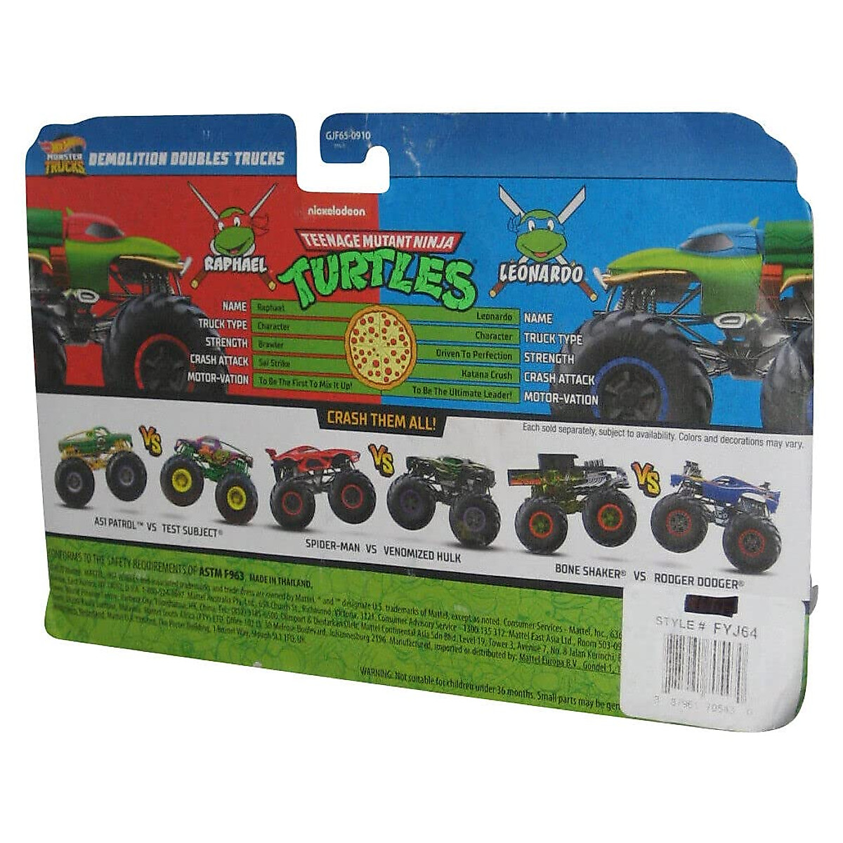 Hot Wheels Monster Trucks Raphael Vs Leonardo, Demolition Double 1:64 Scale