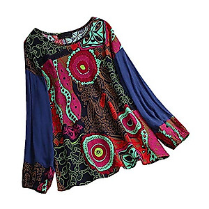 JOFOW Blouses Womens Loose Cotton Linen Patchwork Totem Geometric Pattern Print Long Sleeve Shirts Boat Crew O Neck Tops (L,Hot)