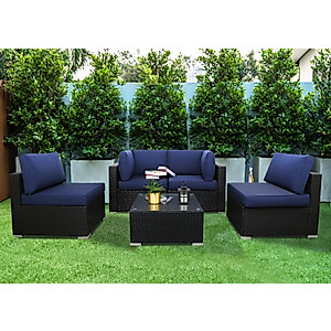 Excited Work 5PCs Patio PE Rattan Sectional Sofa, Outdoor Wicker Furniture Sets with Washable Couch Cushions & Coffee Table (Orange)