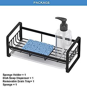 VOLCANOES CLUB Kitchen Sink Sponge Holder with Dish Soap Dispenser & Sponge | Stainless Steel Countertop Sponge Rack | Over The Sink Caddy Organizer with Removable Drain Tray - Black/Large