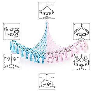 Stuffed Animal Net or Hammock with LED Light Stuff Toy Organizer Hanging Storage Net Handmade Boho Toys Storage Hammock Holder with Wood Beads for Children's Room Kindergarten Nursery (Blue and Pink)