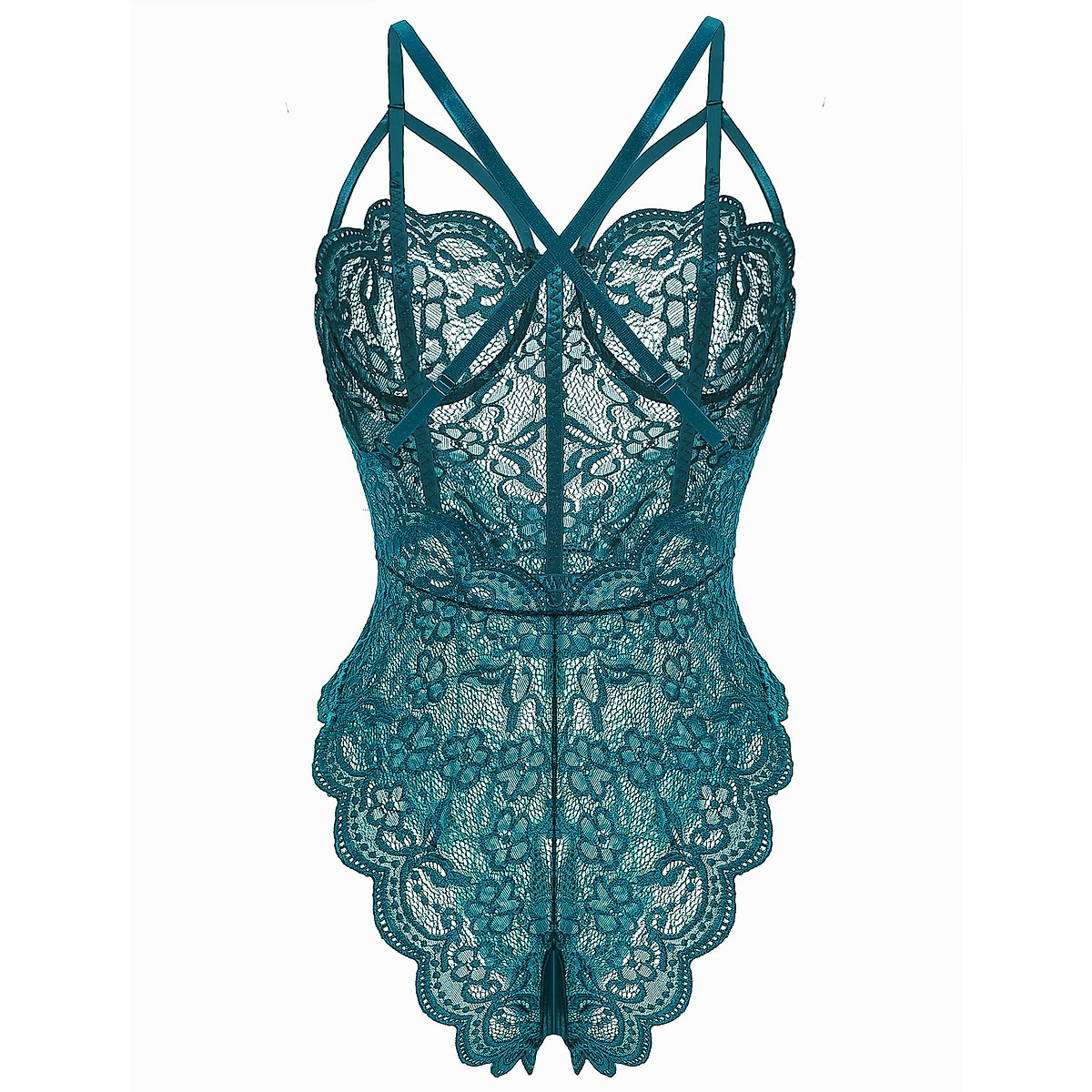 klier Lingerie for Women One Piece Teddy Floral Lace Bodysuit Babydoll Chemise Sleepwear Dark Green