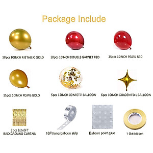 WECEPAR Balloon Garland Arch kit 84 pcs with Ruby Red and Gold Balloon, Star Balloon Confetti Balloons Gold Sequin Table Runner and Background Curtain for Birthday Party, Wedding, Christmas, New Year