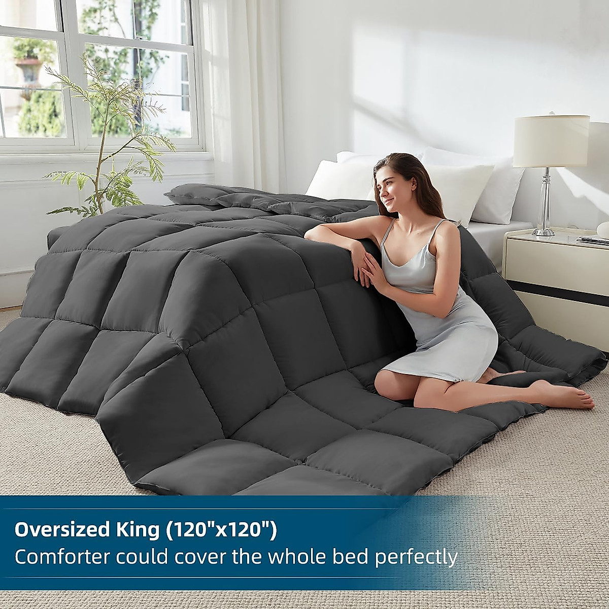 Soft Oversized King Comforter 120"x120" Extra Large Lightweight Quilted Down Alternative All Season Fluffy Breathable Microfiber Grey