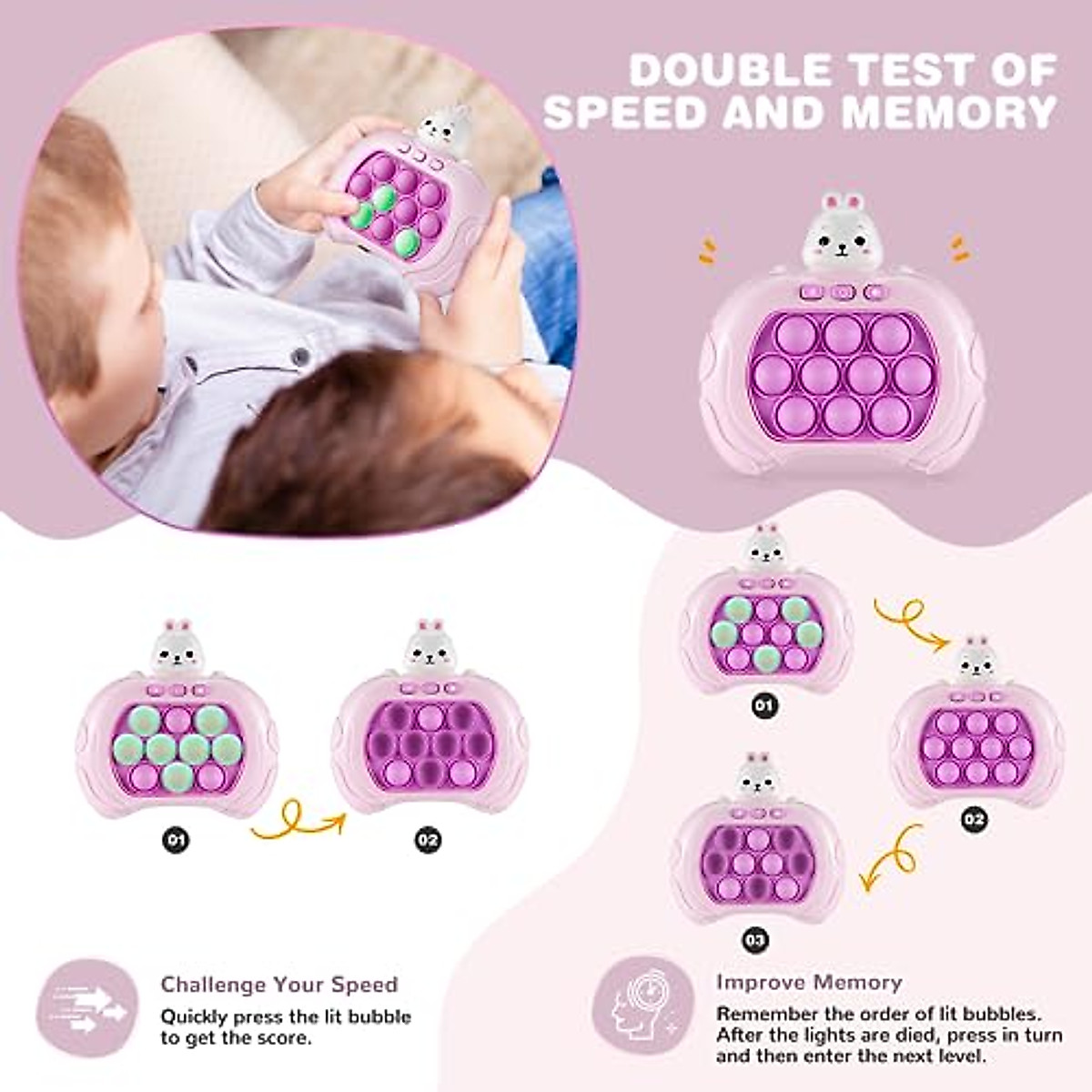 Ideashop Pop Fidget Game for Kids Adult, Handheld Quick Push Bubble Toy Light Up Game, 4 Modes, More Challenging Travel Portable Puzzle Game Machine, for Kids Birthday Gift (Rabbit)