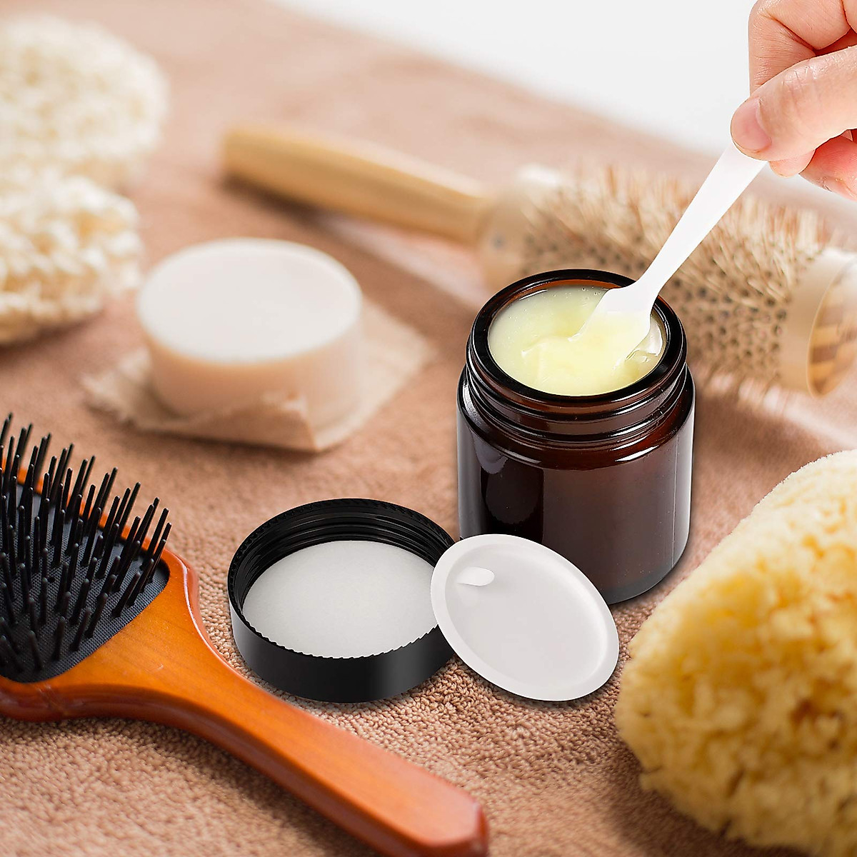 15 Pack 4 oz Amber Glass Jars with Lids, Round Empty Containers for Scrubs, Lotions, Cosmetic, Ointments and Butters, Travel Storage Jar with White Inner Liners £¬Black Lids, lables and Spatulas