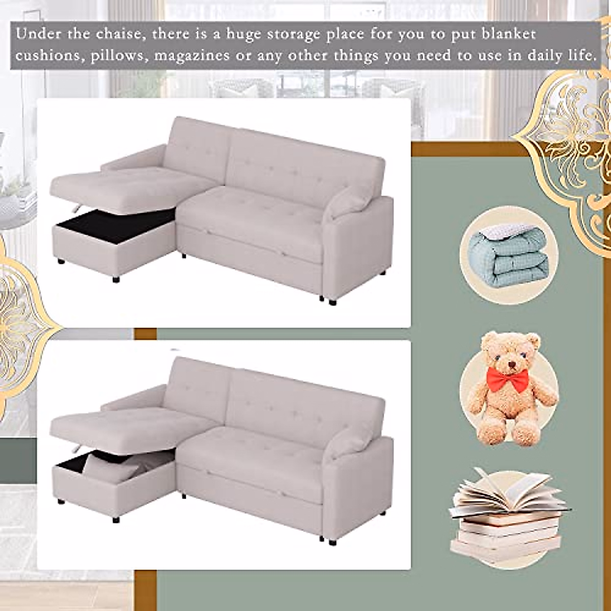 Sdorens Sectional Sleeper Sofa Couch, L Shape Sofa Couch with Ottoman, Reversible Sofa Couch with Pull-Out Bed and Storage for Living Room (Gray)