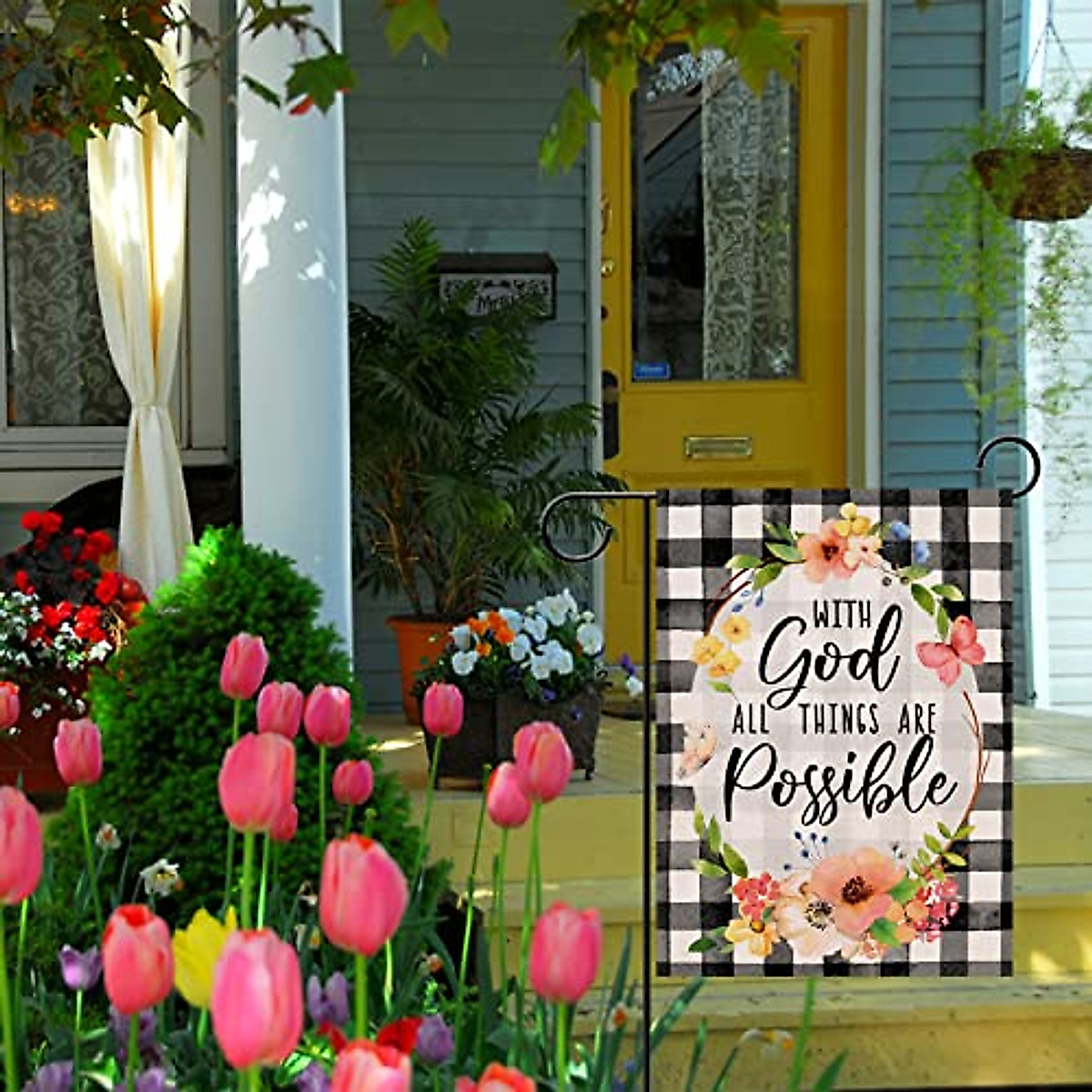 Furiaz With God All Things are Possible Easter Religious Small Decorative Garden Flag, Spring Inspirational Faith Yard Buffalo Plaid Check Outside Decoration, Summer Outdoor Decor 12x18