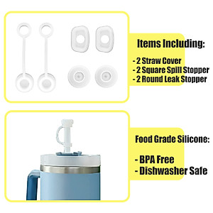 6 PCS Silicone Spill Proof Stopper Set for Stanley Cup 1.0/2.0 40oz/ 30oz, Reusable Stanley straw cover Including 2 Square Spill Stopper, 2 Round Leak Stopper and 2 Straw Cover Cap