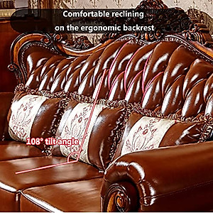 DEKIST European-Style Leather Sofa, Solid Wood Carved High-end American-Style Sofa Villa Living Room Furniture Suitable for Villa Living Room with Pillows Sofa
