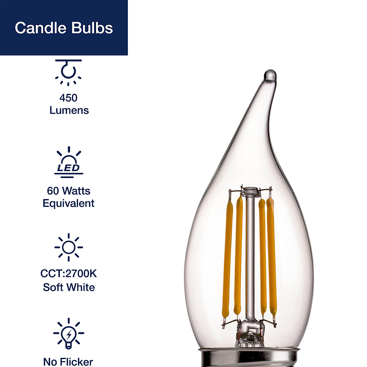 FLSNT LED 60 Watts Equivalent Chandelier Light Bulbs, CA11 Dimmable Filament Clear LED Candelabra Bulbs, E26 Medium Base, 2700K Soft White, 6 Pack