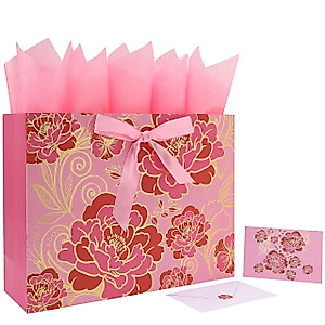 16.5" Extra Large Rose Pink Gift Bag Set with Greeting Card and Tissue Paper(Foil Traced Flowers) for Celebrating Birthdays, Mother's Day, Weddings, Anniversary, Valentine's Day - 16.5”x5.5”x12.6”, 1 Pcs.