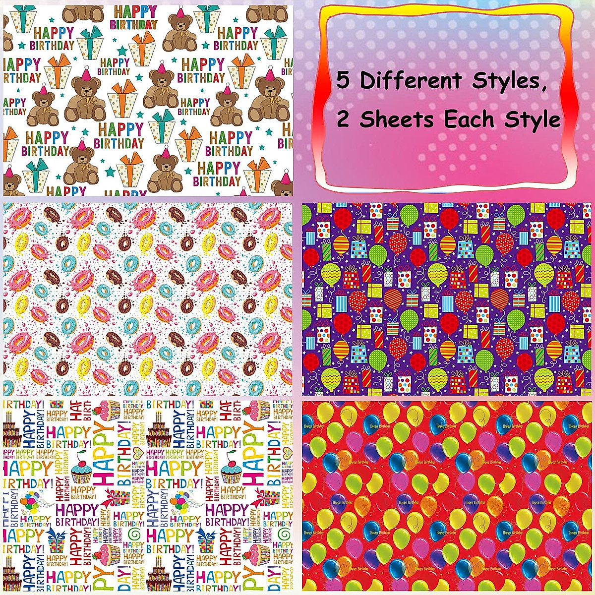 YZL Cartoon Gift Wrapping Paper Set Happy Birthday Gift Wrapping Papers, Cute Wrap Papers for Birthday, Baby Showers, 10 Folded Sheets with 5 Patterns, 20 x 29.5 inch Per Sheet